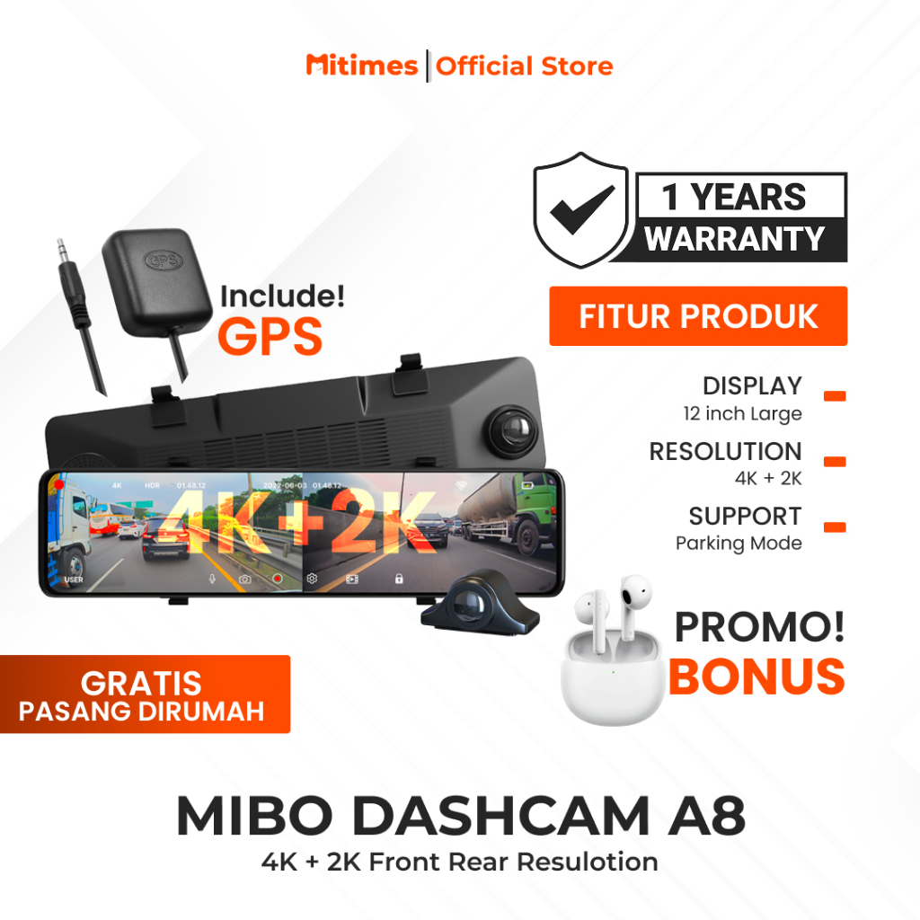 Jual Mibo A8 Dashcam Dual Camera 4K + 2K HDR 12 Inch with GPS Dual ...