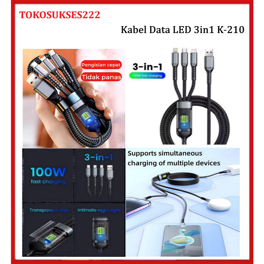 Jual Kabel Data LED 3in1 100Watt K-210 NON PACK USB V8/MICRO TYPE C ...