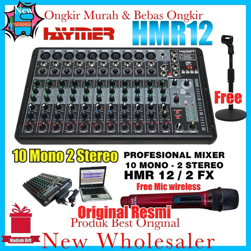 Jual Mixer Audio 12 channel Haymer HMR12 10 mono 2 stereo Original resmi Free mic dan stand ...