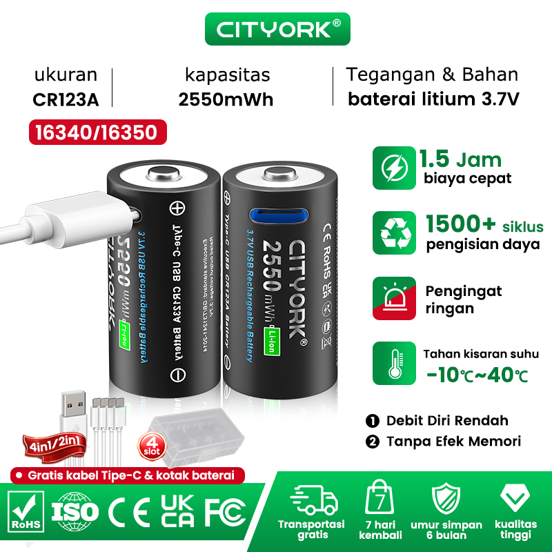 Jual Cityork Baterai Isi Ulang CR123A Li-Ion Rechargeable 3.7V 2550mWh ...
