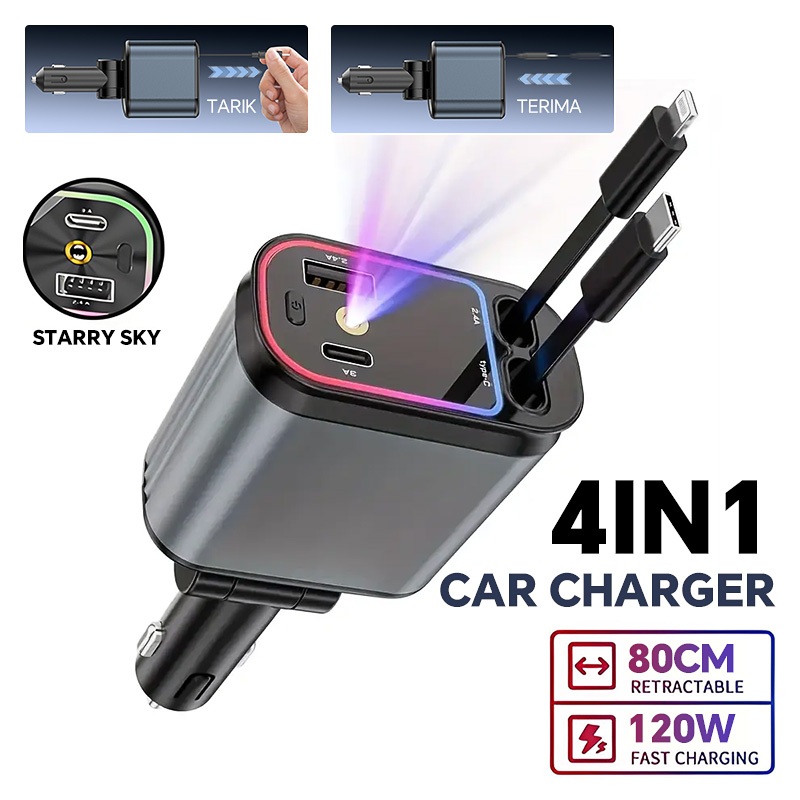 Jual Car Charger Colokan Mobil 4 In 1 Ports PD 120W USB Type C & Untuk ...