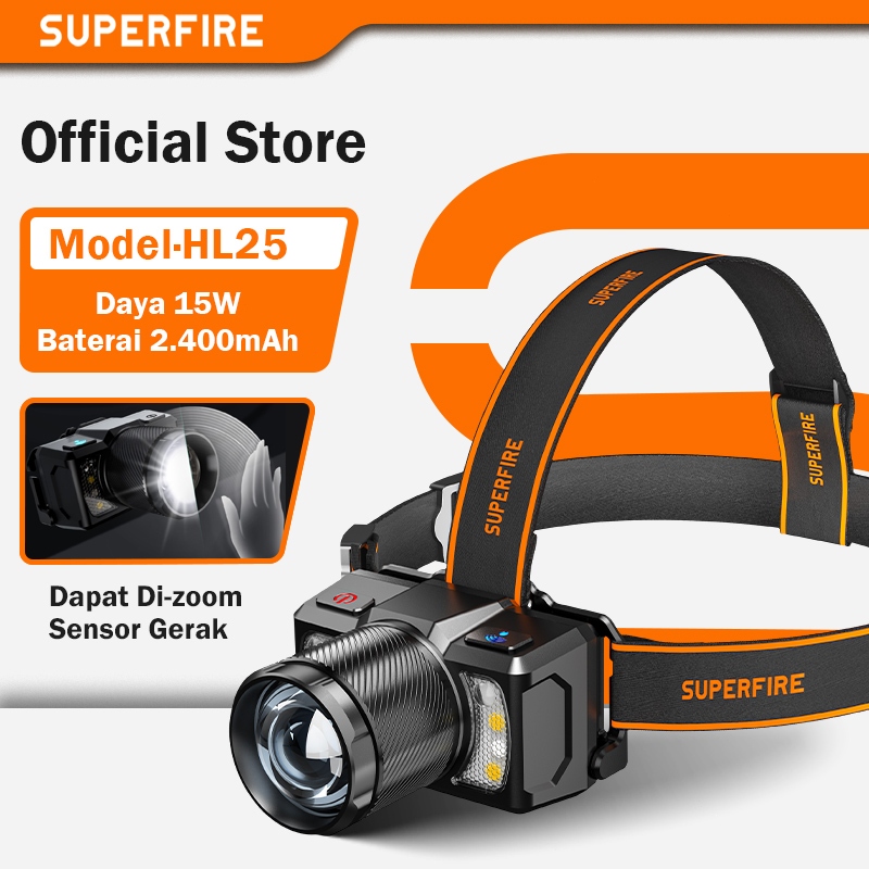 Jual Senter Kepala Headlamp SUPERFIRE HL25 Zoomable 15W USB Type-C Isi Ulang Lampu Merah 65 Jam ...