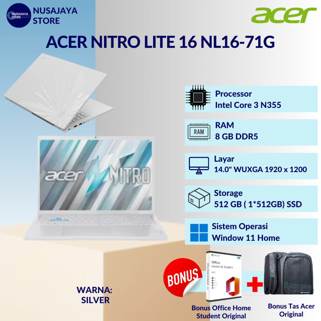 Jual ACER Nitro Lite Gaming NL16-71G-55VC Intel Core i5-13420H 16GB 512GB RTX4050 16" WUXGA Win ...