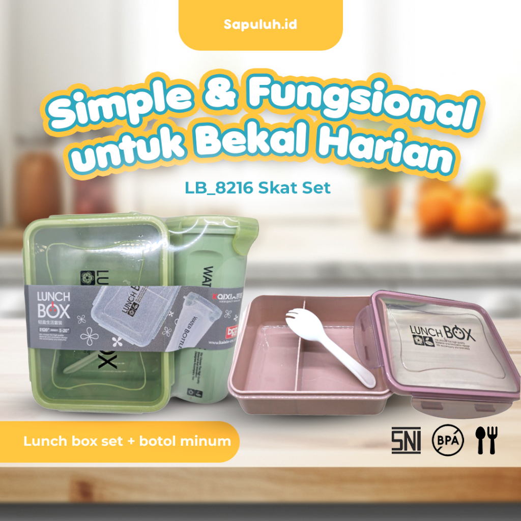 Jual Lunch Box 2 Sekat LB-8216 Kotak Bekal Set Botol Minum 500ml dan Alat Makan BPA Free ...