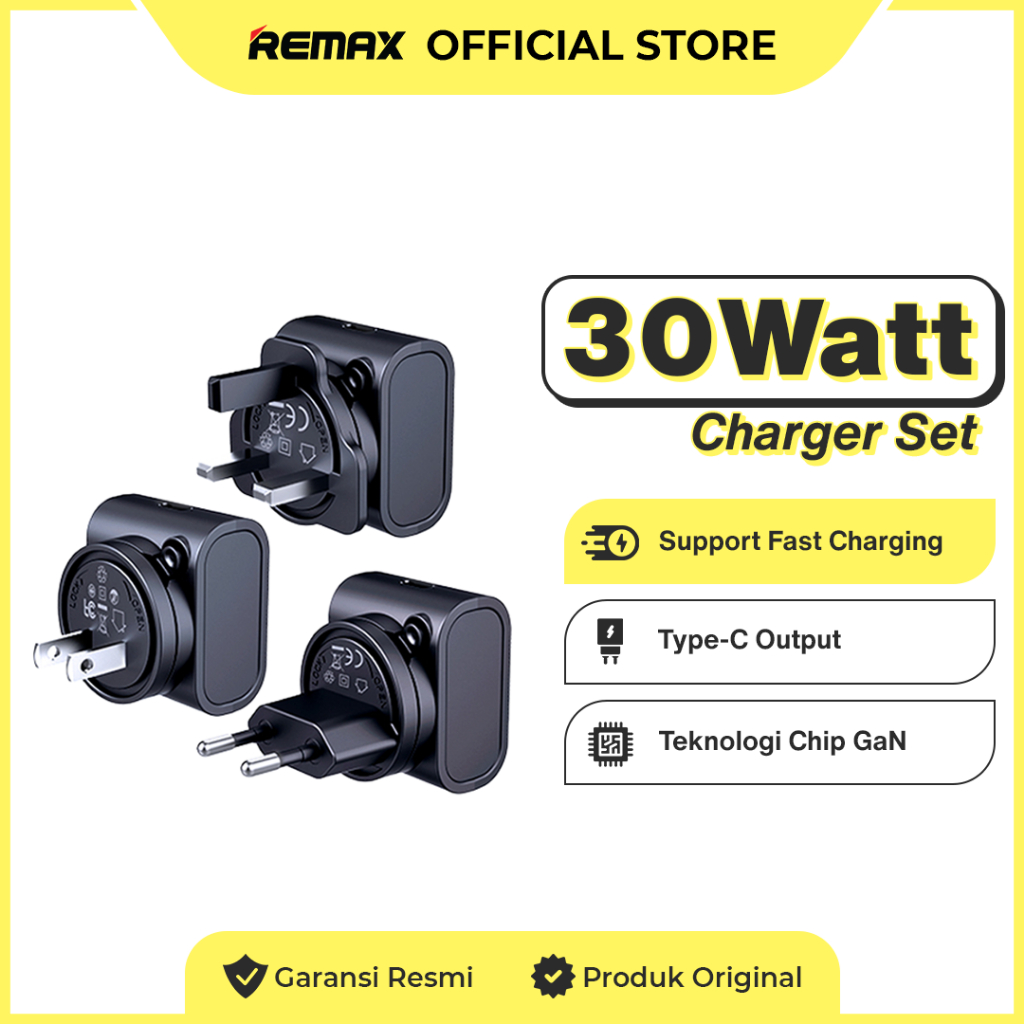 Jual Remax Kepala Charger Fast Charging 30W GaN Set 3in1 EU+US+UK+1C RP-U192 | Shopee Indonesia