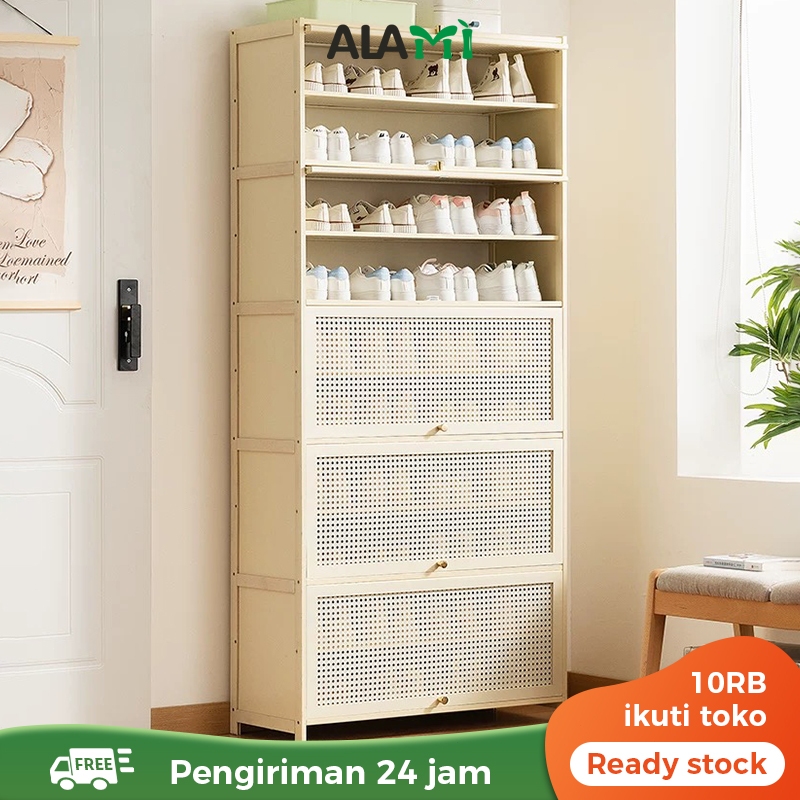 Jual Alami Rak Sepatu Kayu Bambu Warna Putih Susu dengan Pintu Flip ...