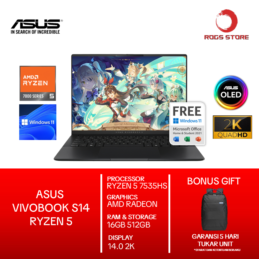 Jual LAPTOP ASUS VIVOBOOK S 14 OLED AMD RYZEN 5 7535HS 16GB 512GB SSD W11+OHS 14.0 2K - M5406NA ...