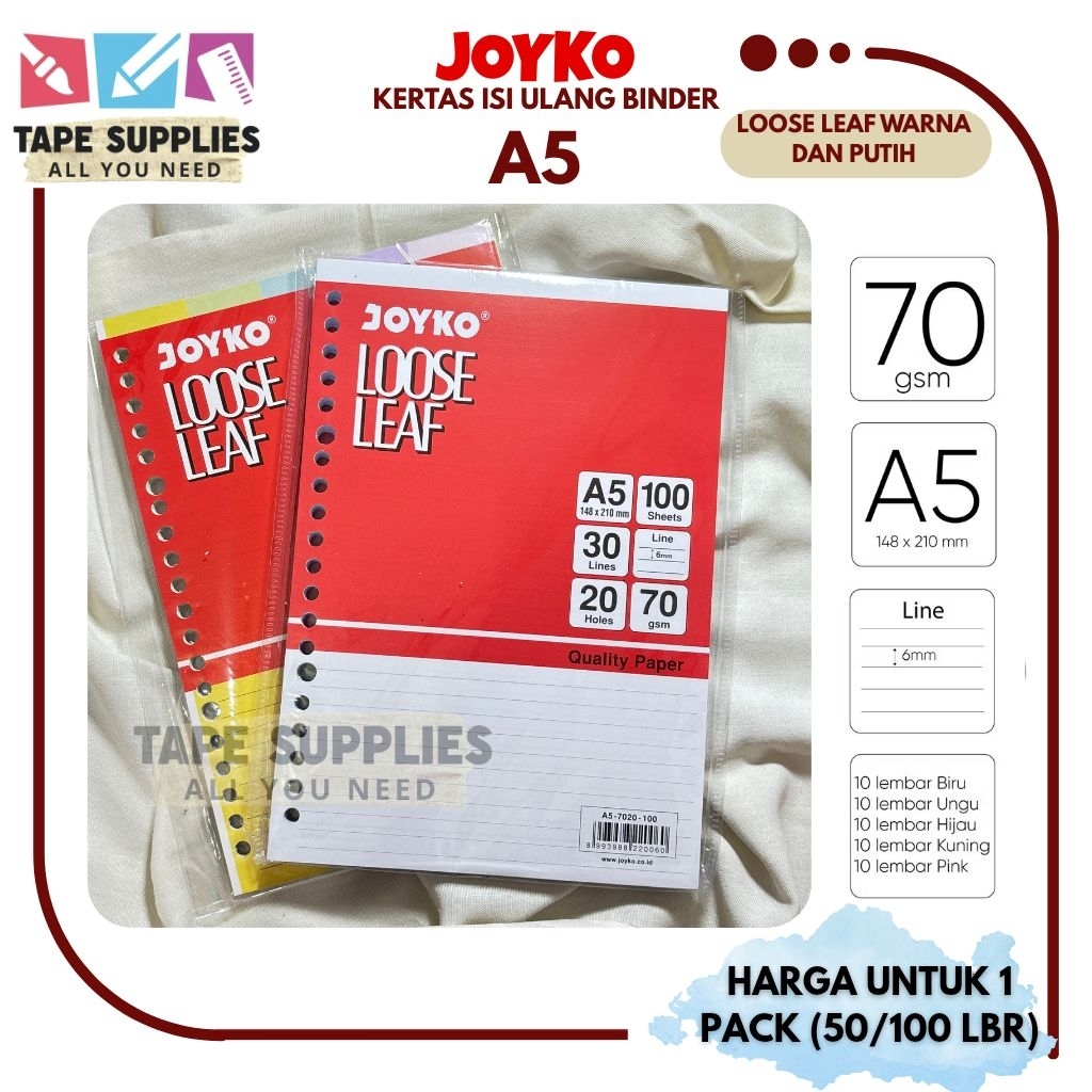 Jual (Isi 50/100 LBR) Loose Leaf A5 / Isi Kertas File Binder JOYKO Bergaris-Warna | Shopee Indonesia