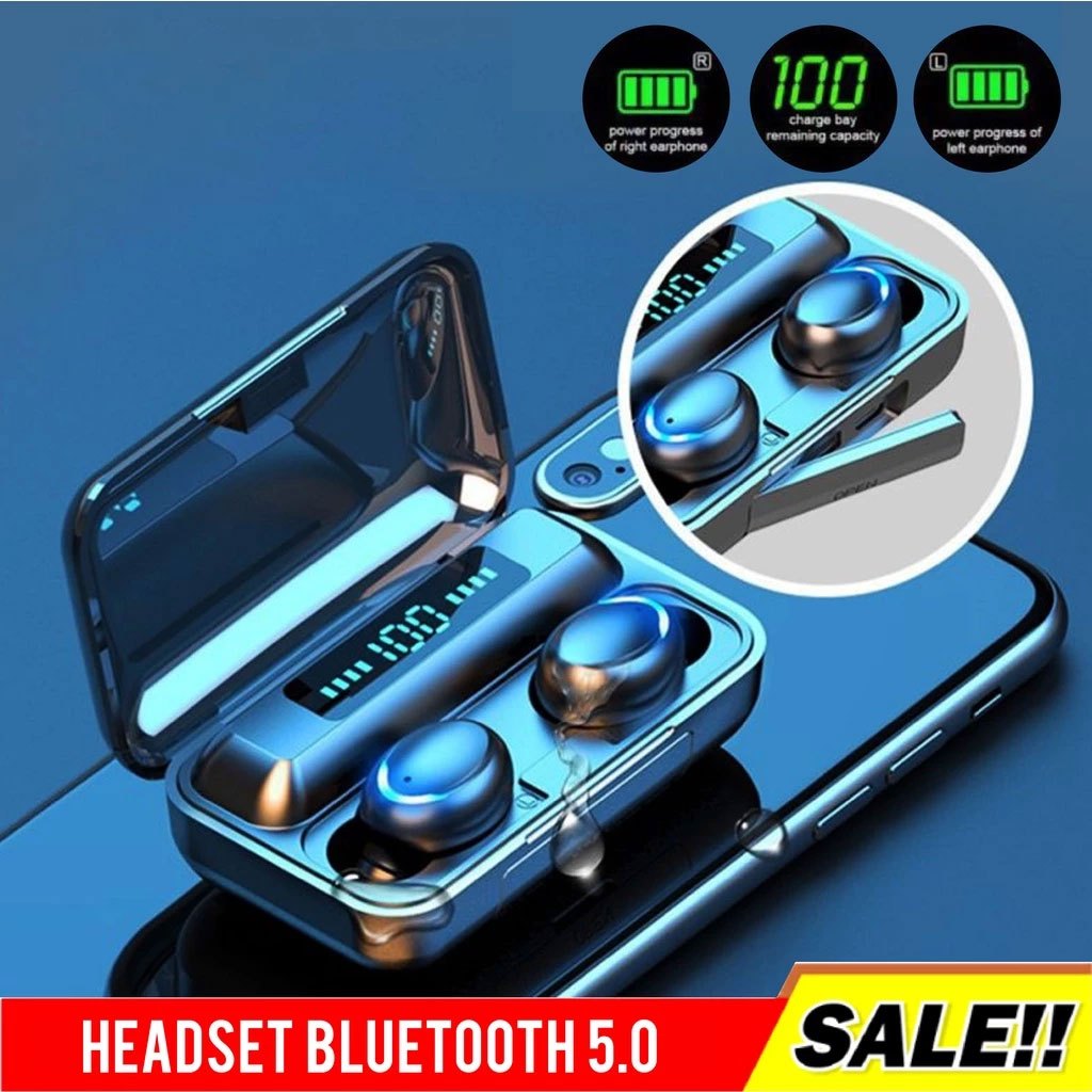 Jual TWS Headset Bluetooth 5.0 Earphone Wireless TWS 9D 2200mah Power ...