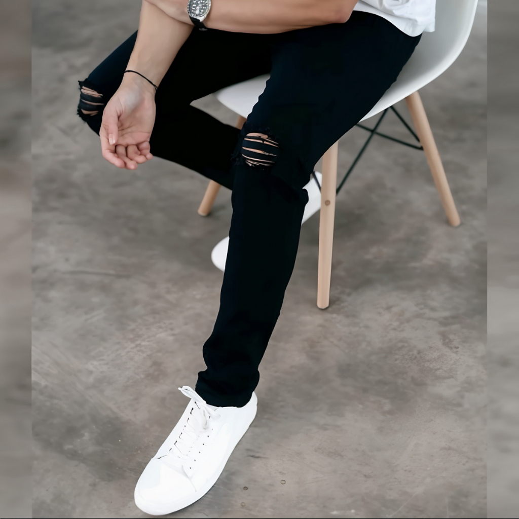 Jual Celana Jeans Sobek Lutut Pria Panjang Robek Ripped Slimfit Melar ...