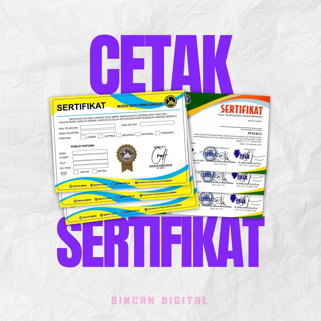 Jual Cetak Sertifikat, Piagam Berkualitas, Uk. A3+ Sertifikat A4 ...