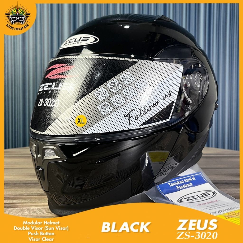 Jual Zeus ZS 3020 Black Helm Modular double visor | Shopee Indonesia