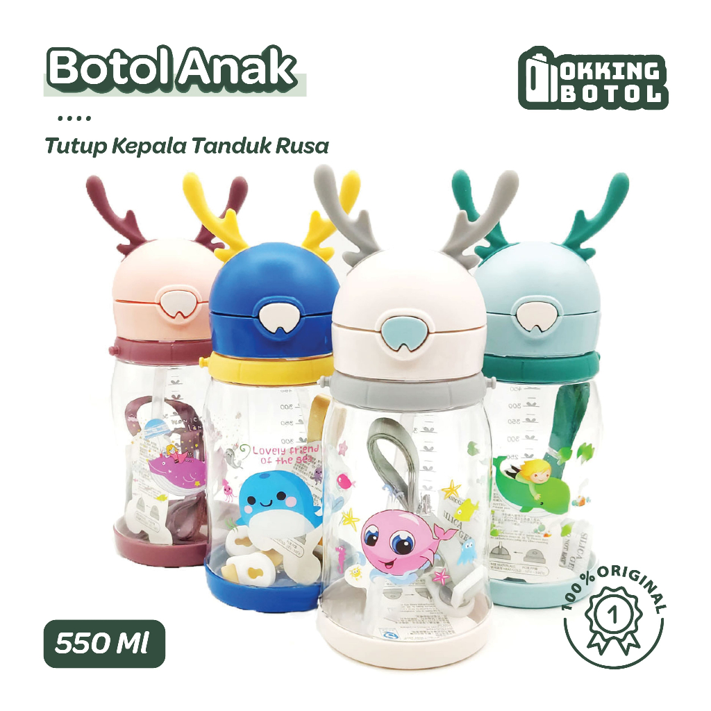 Jual Botol minum anak tanduk rusa 550ml / Botol Minum Tanduk Rusa Tali Sedotan BPA Free TS2186 ...