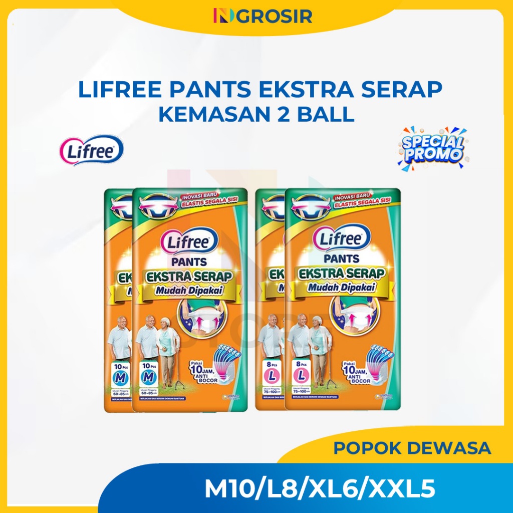 Jual (PROMO KHUSUS) Lifree Pants Ekstra Serap M10/L8/XL6/XXL5 Popok Dewasa Tipe Celana 2 Balll ...