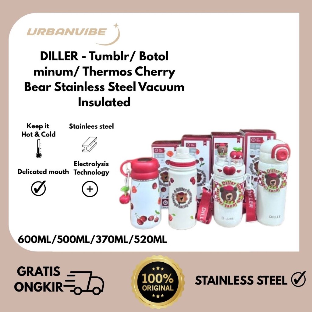 Jual DILLER - Tumblr/ Botol minum/ Thermos Cherry Bear Stainless Steel ...