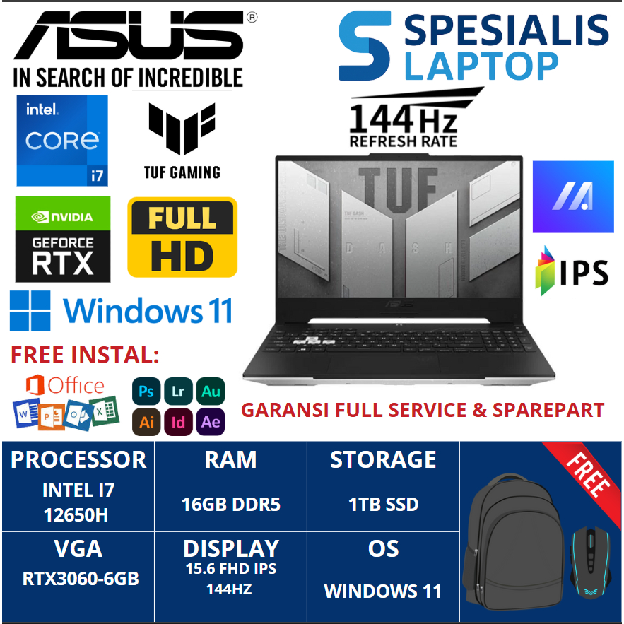 Jual Asus Tuf Dash F15 FX517ZM Intel I7 12650H RAM 32GB SSD 2TB RTX3060-6GB 15.6 Full HD IPS ...