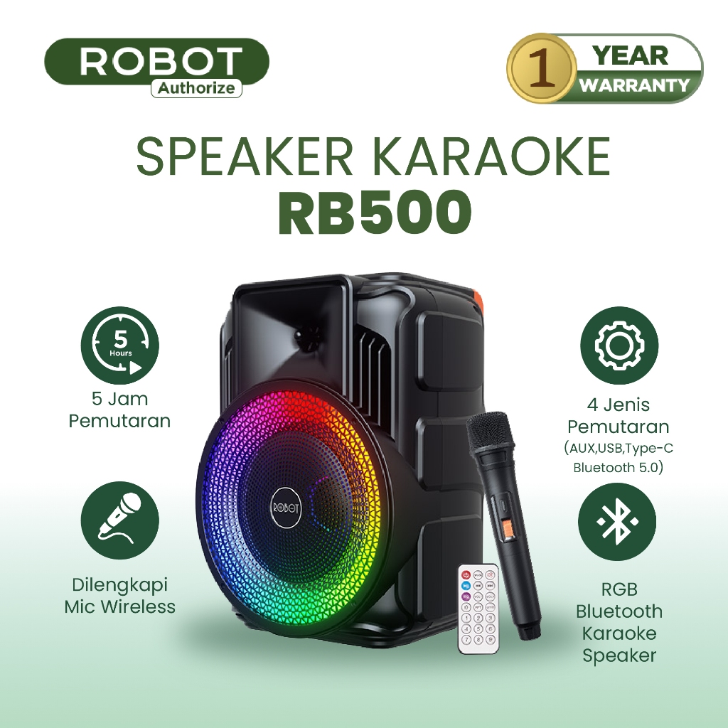 Jual ROBOT RB500 Speaker Karaoke 20W Super Bass Wireless RGB Bluetooth 5.0 Mic Portable ...