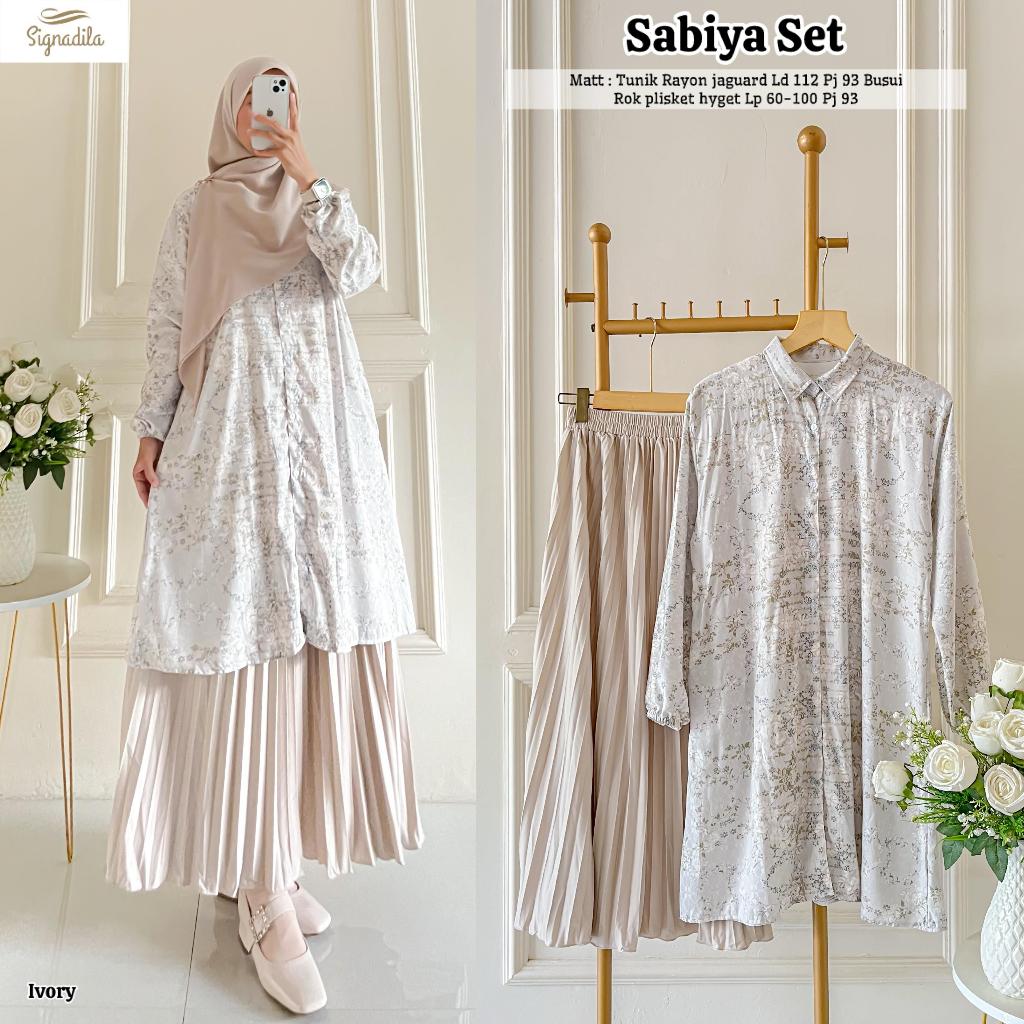 Jual Setelan Wanita Sabiya Set Bahan Tunik Rayon Jaguard Rok Plisket Hyget Motif Bunga Busui ...