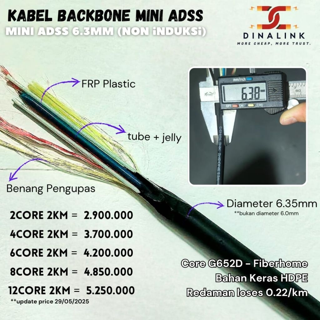 Jual MINI ADSS 6.3MM KABEL UDARA FIBEROPTIC 12CORE 8CORE 6CORE 4CORE ...