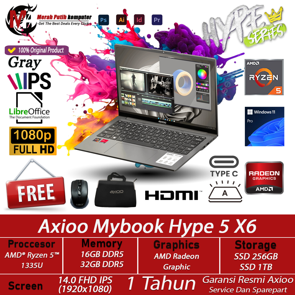 Jual Laptop Axioo Mybook Hype 5 X6 AMD Ryzen 5 6600H 32GB DDR5 1TB 14inch Full HD IPS Backlit ...