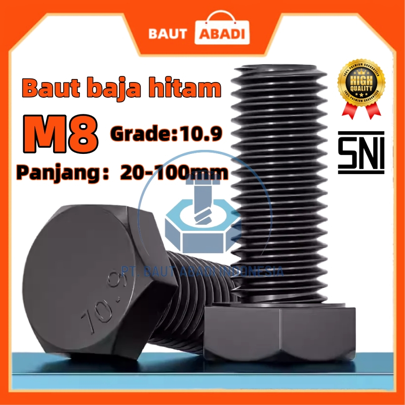Jual Baut baja hitam M8 Grade 10.9 hex full drat / Half drat / baut mur ...