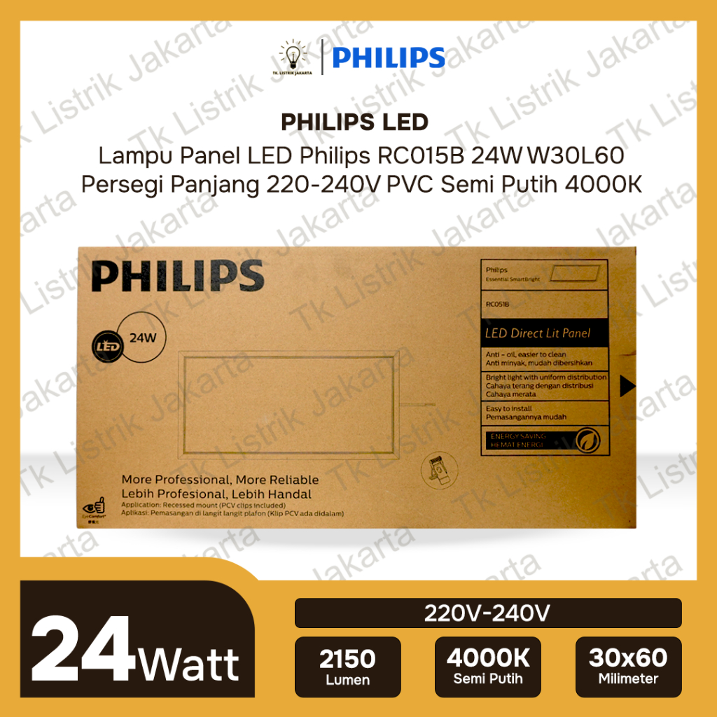 Jual Lampu Panel LED Philips RC015B 24W W30L60 Persegi Panjang 220-240V ...