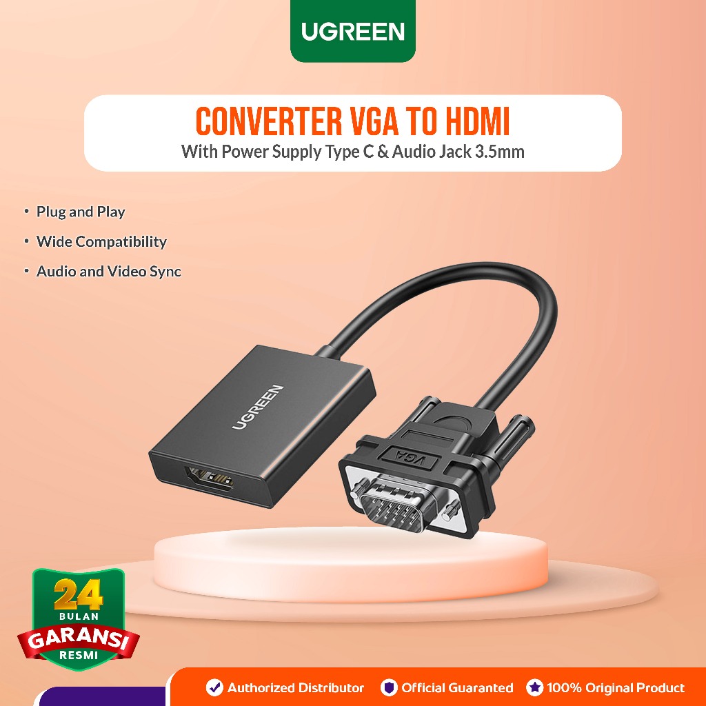 Jual UGREEN 50945 Kabel Converter VGA Male to HDMI Female HD 1080P With ...
