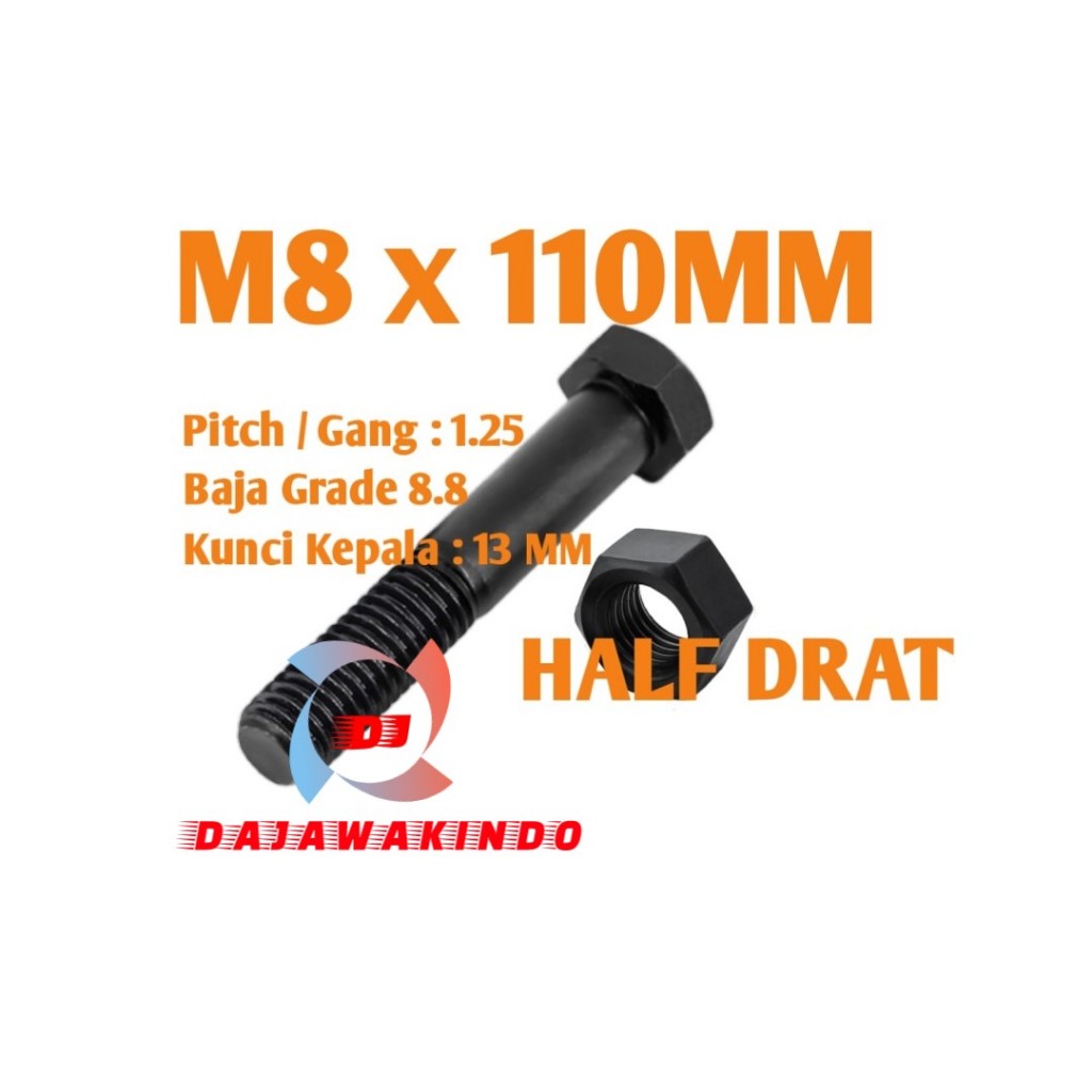 Jual Baut Mur Baja 8.8 M8 x 110 / High Tensile Bolt Grade 8.8 (HD) | Shopee Indonesia