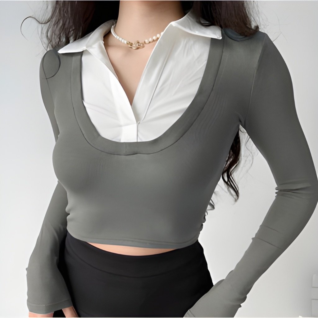 Jual MM 1QSIO Fake Two Piece Ribbed Crop Top with V Collar and Long ...