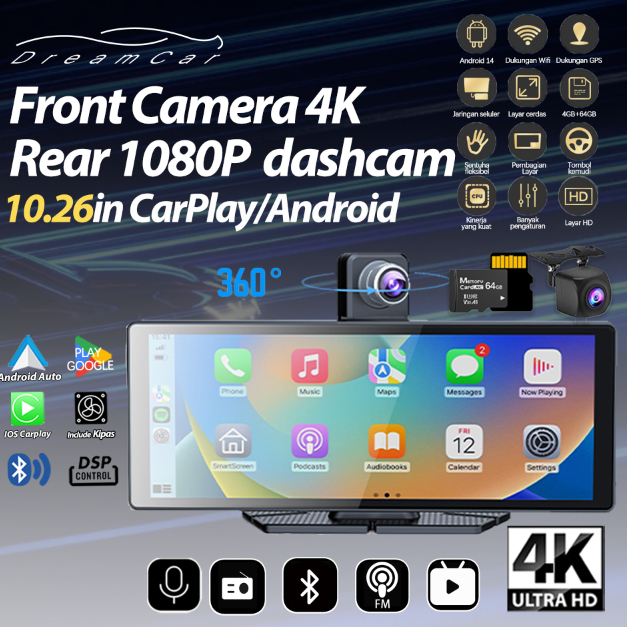 Jual 10.26 inci Dashcam Mobil 360 Rotatable Lens GPS Navigation 4K HD ...
