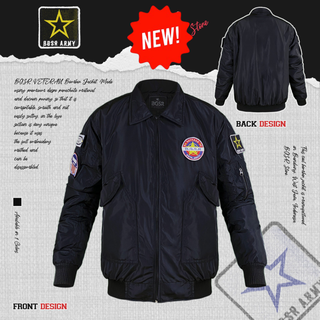 Jual BGSR - Jacket Bomber Pria Polos Patches Waterprof Windbreaker ...