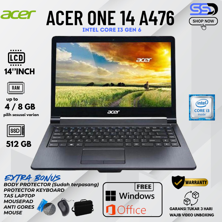 Jual ACER ONE 14 Z476 Intel Core I3-6006U RAM 8GB/SSD 512GB 14''INCH W 10 free MOUSE DAN TAS ...