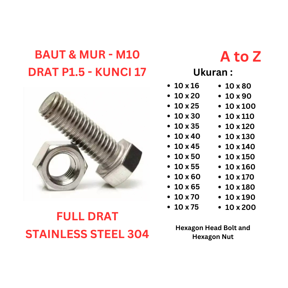 Jual Baut Mur SS 304 - M10 x 110 / 120 / 130 / 140 / 150 / 160 / 170 ...