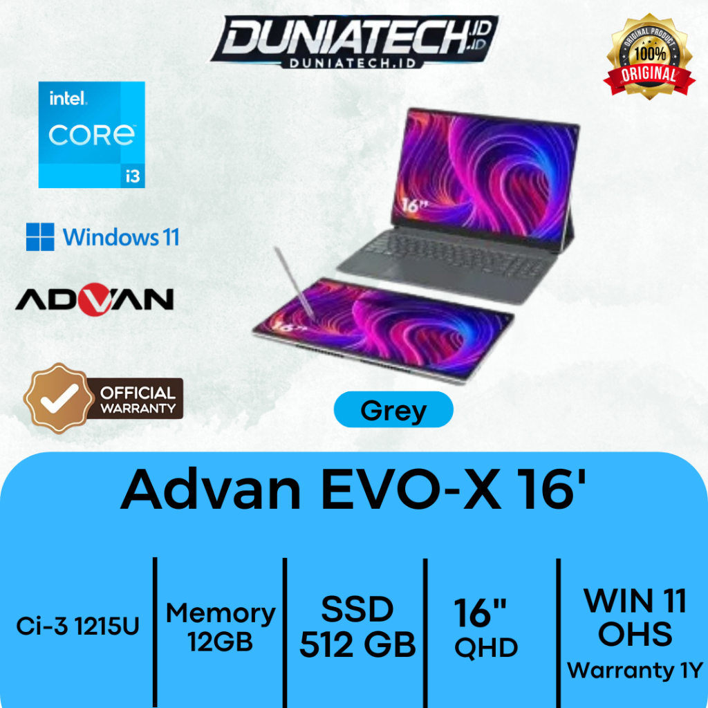 Jual (Free Stylus Pen + Keyboard Magnetic) ADVAN Laptop 2 in 1 Evo-X 16 ...