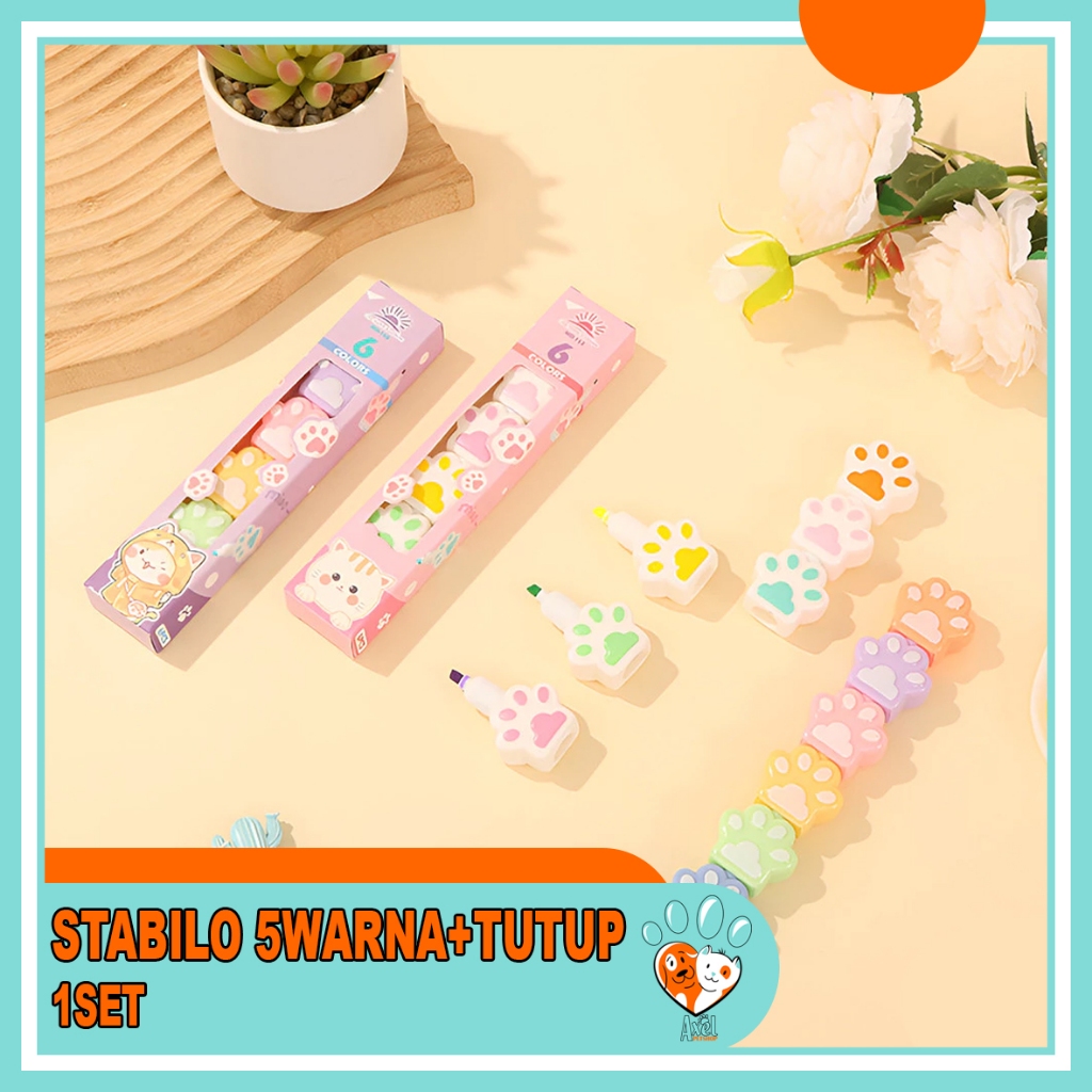 Jual Stabilo Paw Lucu Set 5pcs + Tutup Bentuk KAKI KUCING HIGHLIGHTER ...