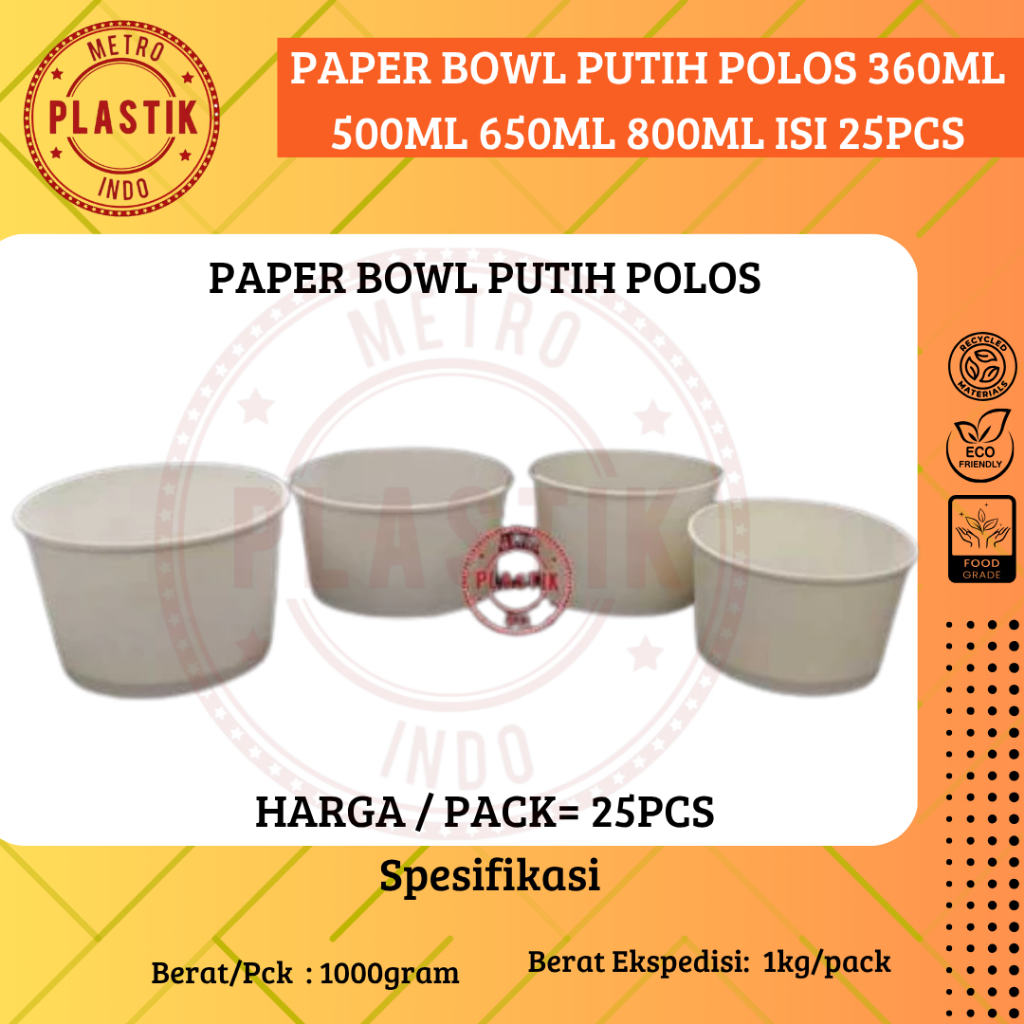 Jual Paper Bowl Putih Polos 360ml 500ml 650ml 800ml Isi 25pcs / Mangkok ...