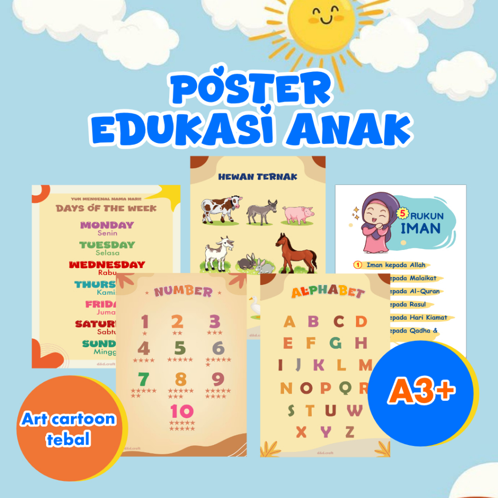 Jual Poster Edukasi Anak a3+ Belajar Pengenalan Anak Abjad Angka Hewan ...