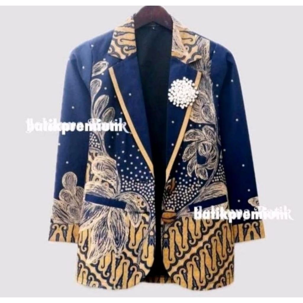 Jual blazer batik wanita motif daun navy lapis puring tricot | Shopee ...
