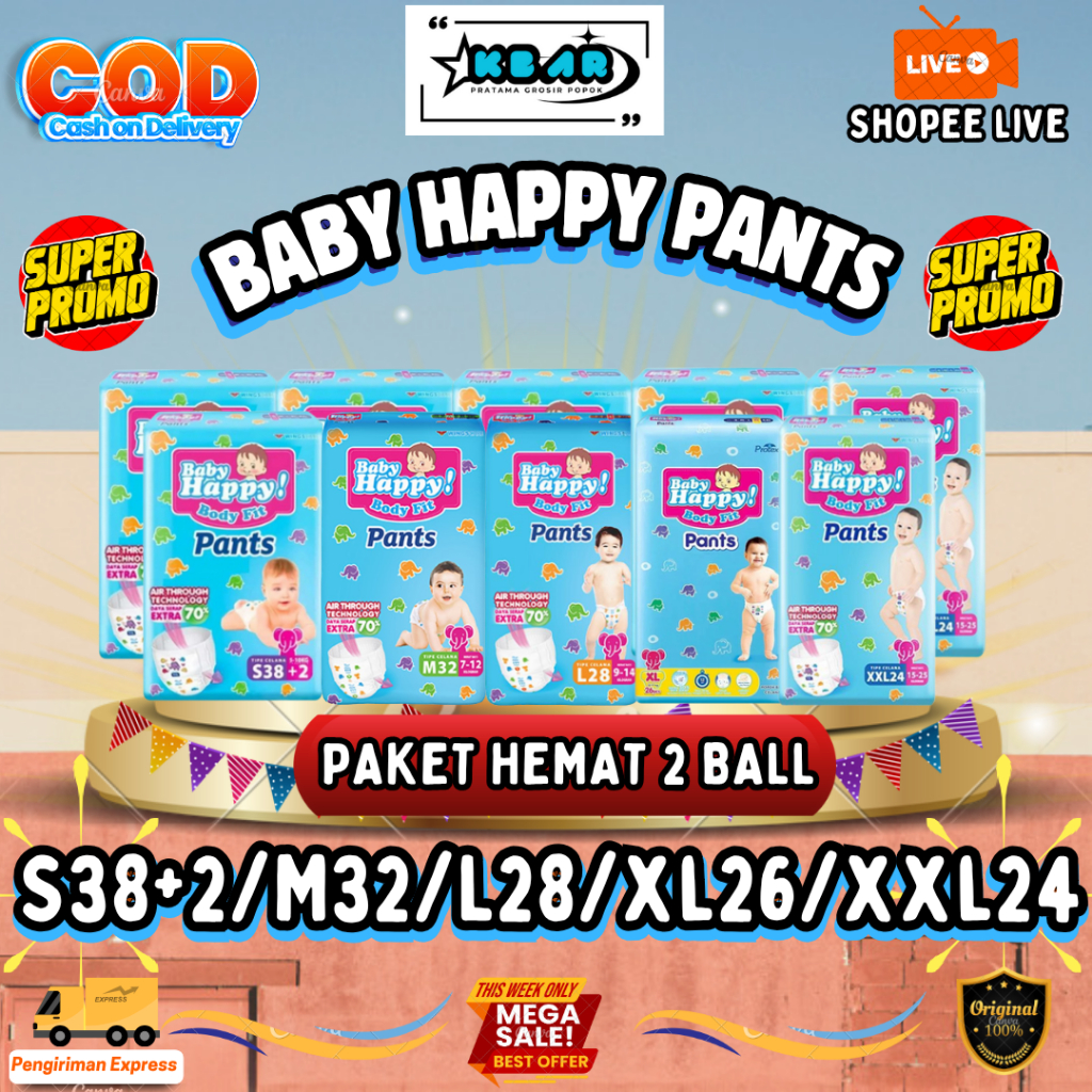 Jual BABY HAPPY PANTS S38+2/M32/L28/XL26/XXL24 PAKET HEMAT 2 BALL | Shopee Indonesia