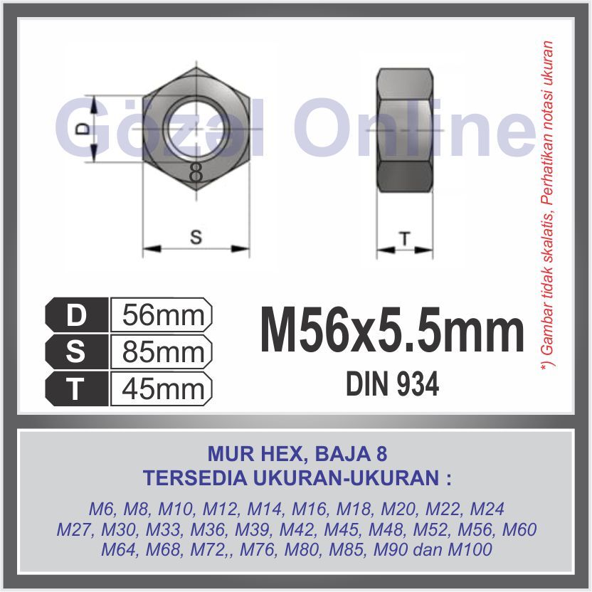 Jual MUR NUT HEX BAJA 8.8 - M56 PITCH 5.5mm - TEBAL 45mm - KUNCI 85mm ...