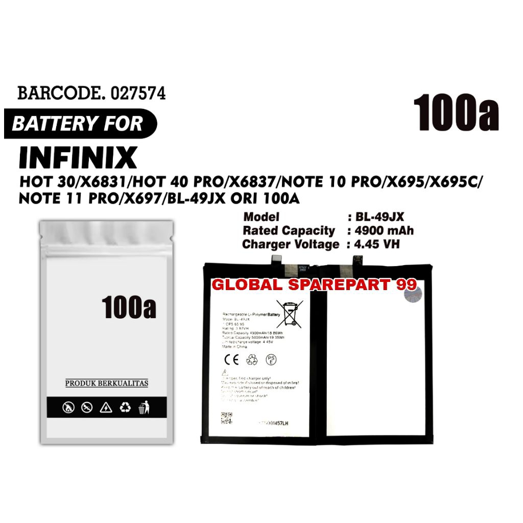 Jual BATERAI (BL-49JX) INFINIX HOT 30 X6831 / HOT 40 PRO X6837 / NOTE ...