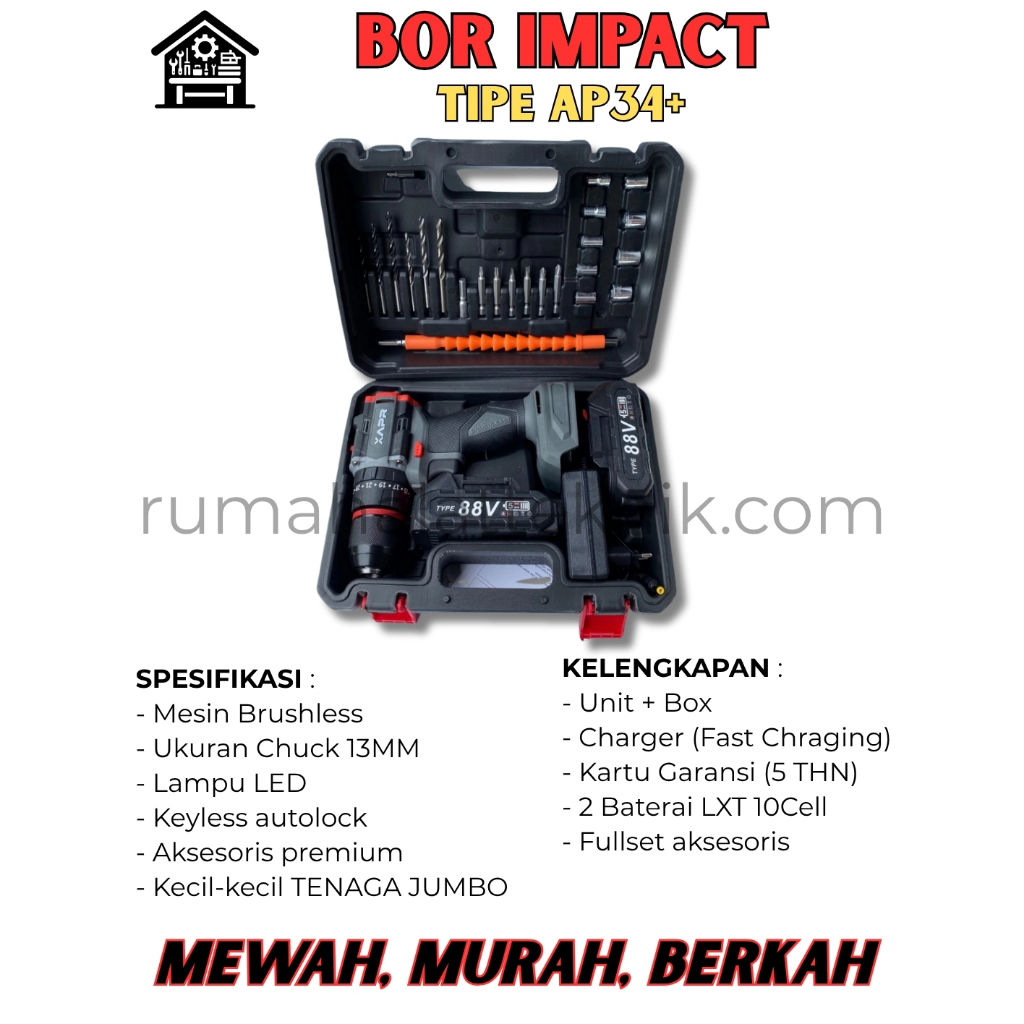 Jual APR BOR IMPACT DRILL BRUSHLESS TYPE AP34+ 13MM KEYLESS AUTO LOCK ...