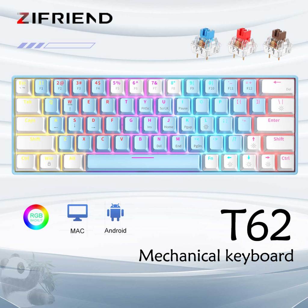 Jual ZIFRIEND T62 RGB Gaming Machinery Keyboard 60% Layout Pluggable PBT Keycap Red switch ...