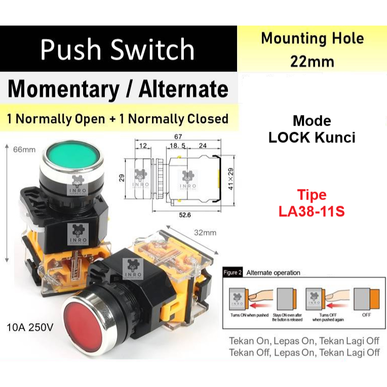 Jual tombol push button on off Self Locking lock Kunci Switch LA38-11S LA38-11 S 22 mm 10A 440V ...