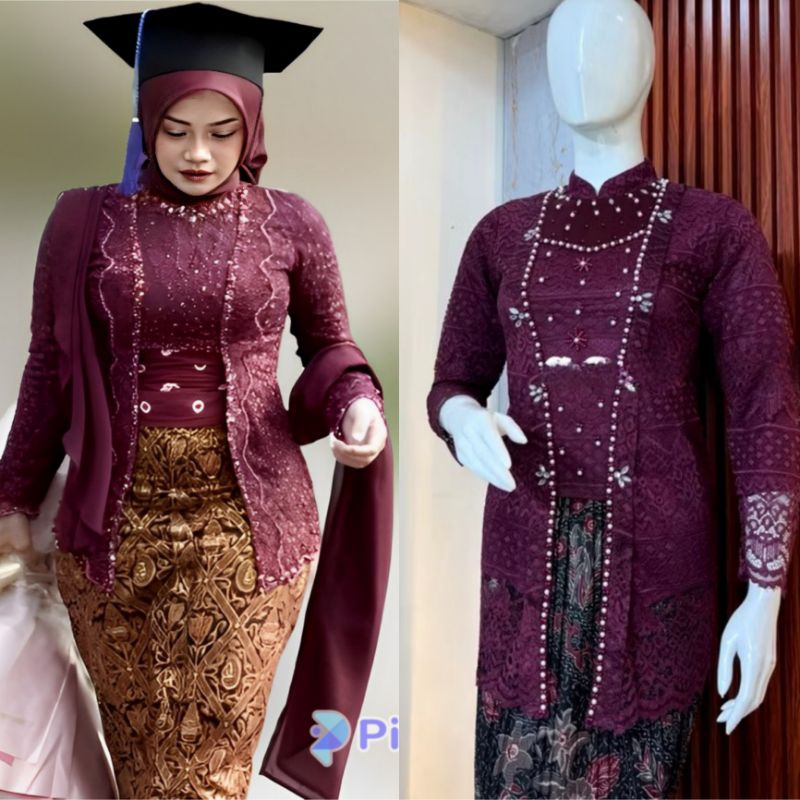 Jual Satu Setel Kebaya Brokat Modren Kutu baru Payet Kerah Sanghai Baju Kondangan Brukat Malika ...