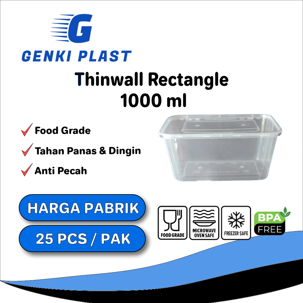 Jual Kotak Makan Plastik Thinwall 1000 ML Rectangle / Food Container 1000ML Food Grade Per Pack ...