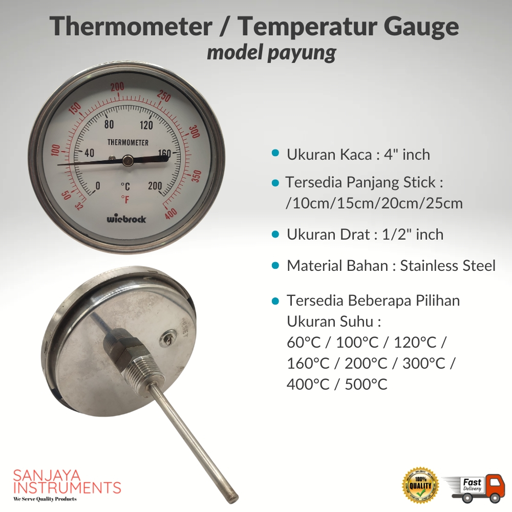 Jual Thermometer Payung 4" inch 60 - 300 Derajat Celcius / Temperatur ...