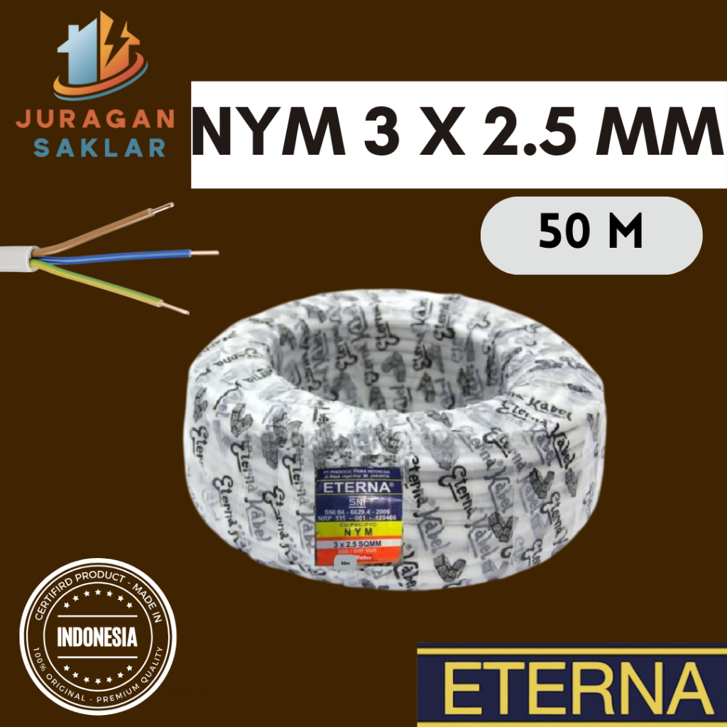Jual ETERNA KABEL TEMBAGA KAWAT NYM 3X2,5 50 METER 3 X 2.5 MM ROL | Shopee Indonesia