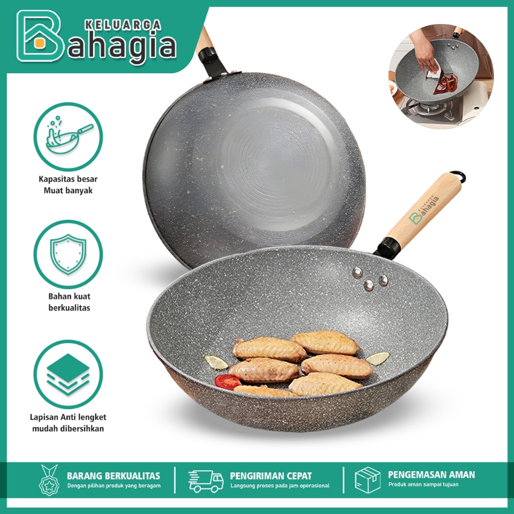 Jual [KB] Wajan Maifan Batu Medis 32CM Gagang Kayu / Wajan Penggorengan Wok Pan Tahan Gores High ...