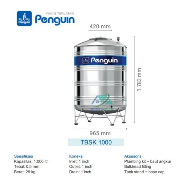 Jual Toren Tangki Tandon Air Penguin Stainless Steel TBSK 1000 - 1000 ...